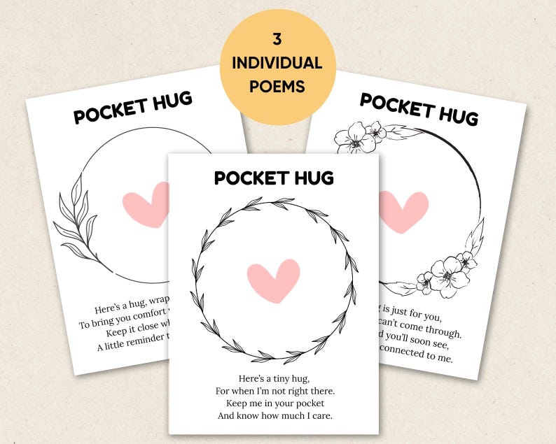 Pocket Hug Cards, Individual Poems, Printable PDF Backing Card Download ...
