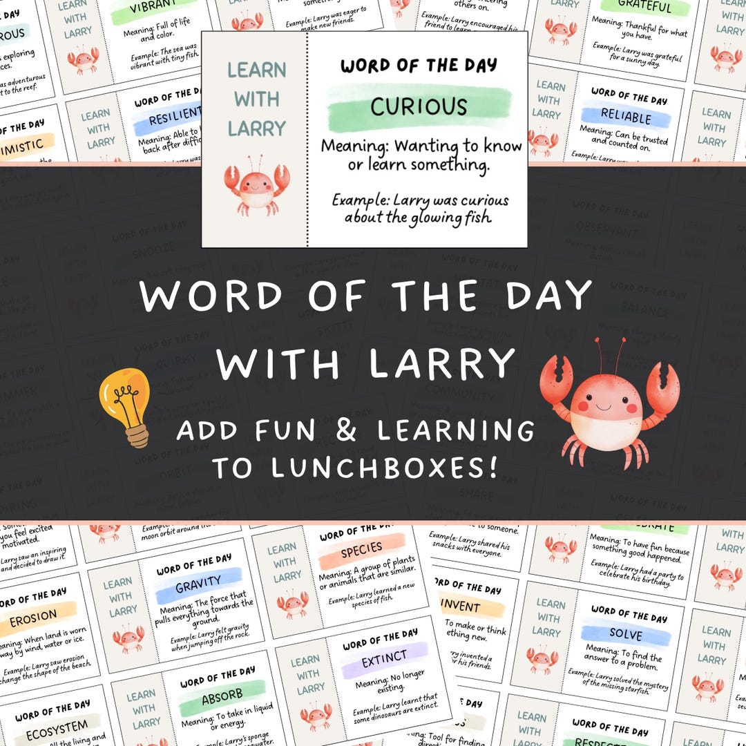 Kids Lunchbox Word of the Day Cards, Learning Lunch Box Note, Learn ...