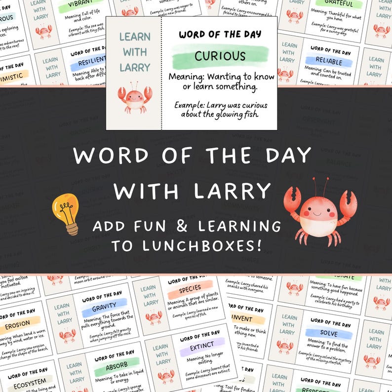 Kids Lunchbox Word of the Day Cards, Learning Lunch Box Note, Learn ...
