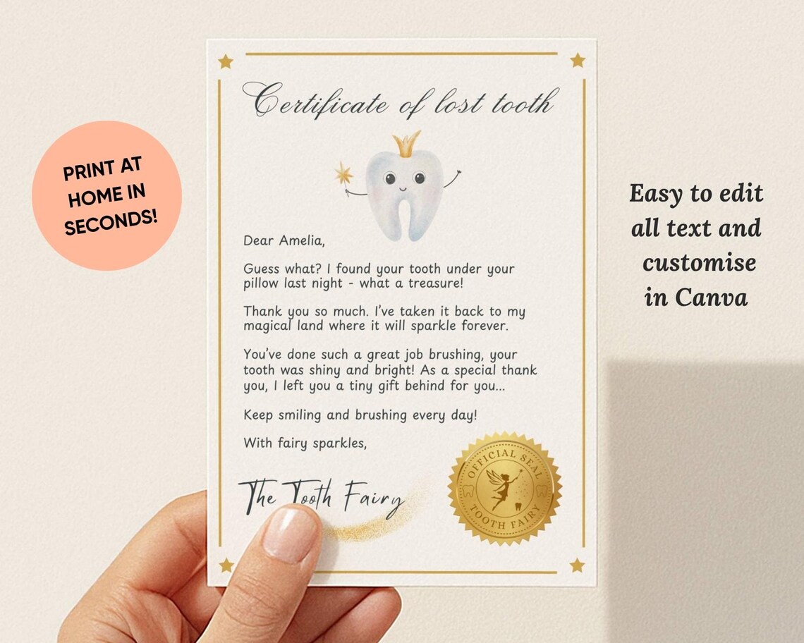 Tooth Fairy Certificate Printable, Editable Tooth Fairy Note Canva ...