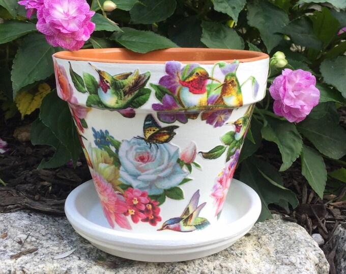 Hummingbird Flower Pot With Saucer, Painted Flower Pot, Hummingbird ...