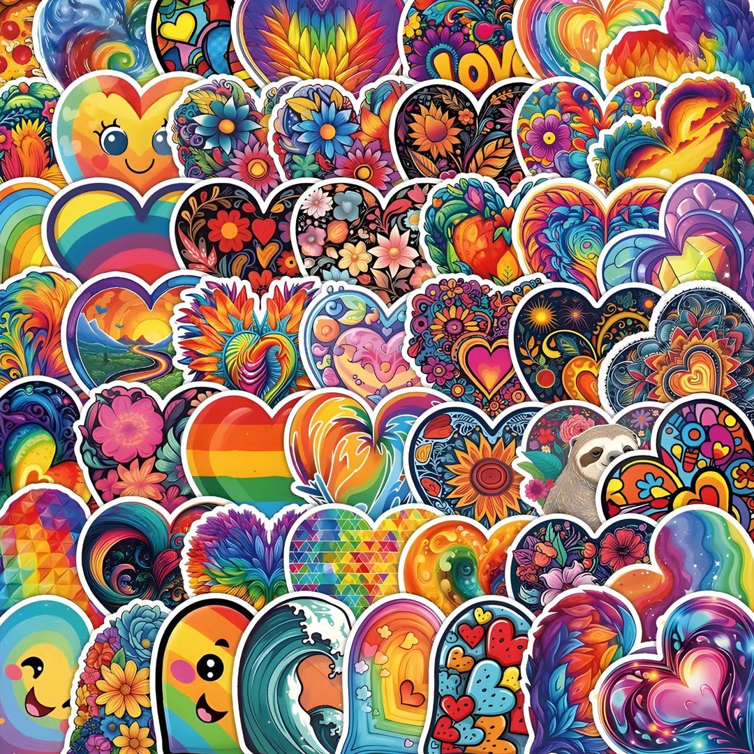 100 Random Fancy Love Heart Stickers, Aesthetics Heart Vinyl Sticker ...