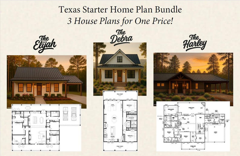 Texas Starter Home Plan Bundle | 3 Small House Floor Plans – Digital ...