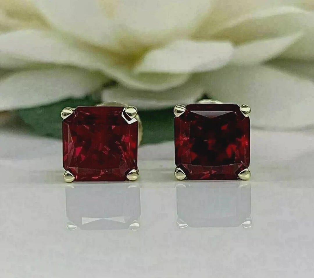 2ct Asscher Cut Lab Garnet Stud Earrings: 14K Gold Plated Sterling ...