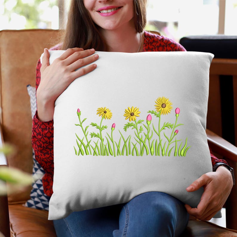 Daisy Flower Border Embroidery Design: Botanical Grass Floral Machine ...