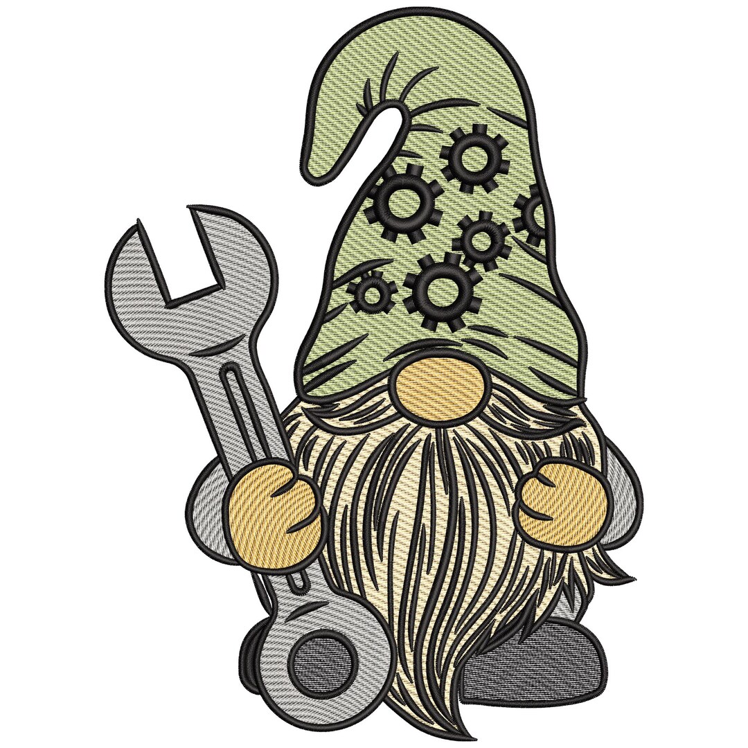 Mechanic Gnome With Wrench Embroidery Design: Gear Hat, Garage Workshop ...