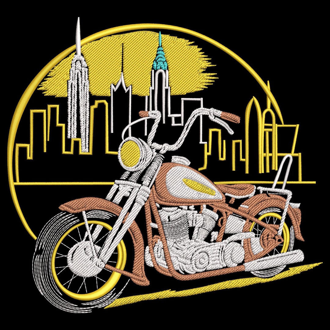 Motorcycle and City Skyline Embroidery Design, Motocross Machine ...