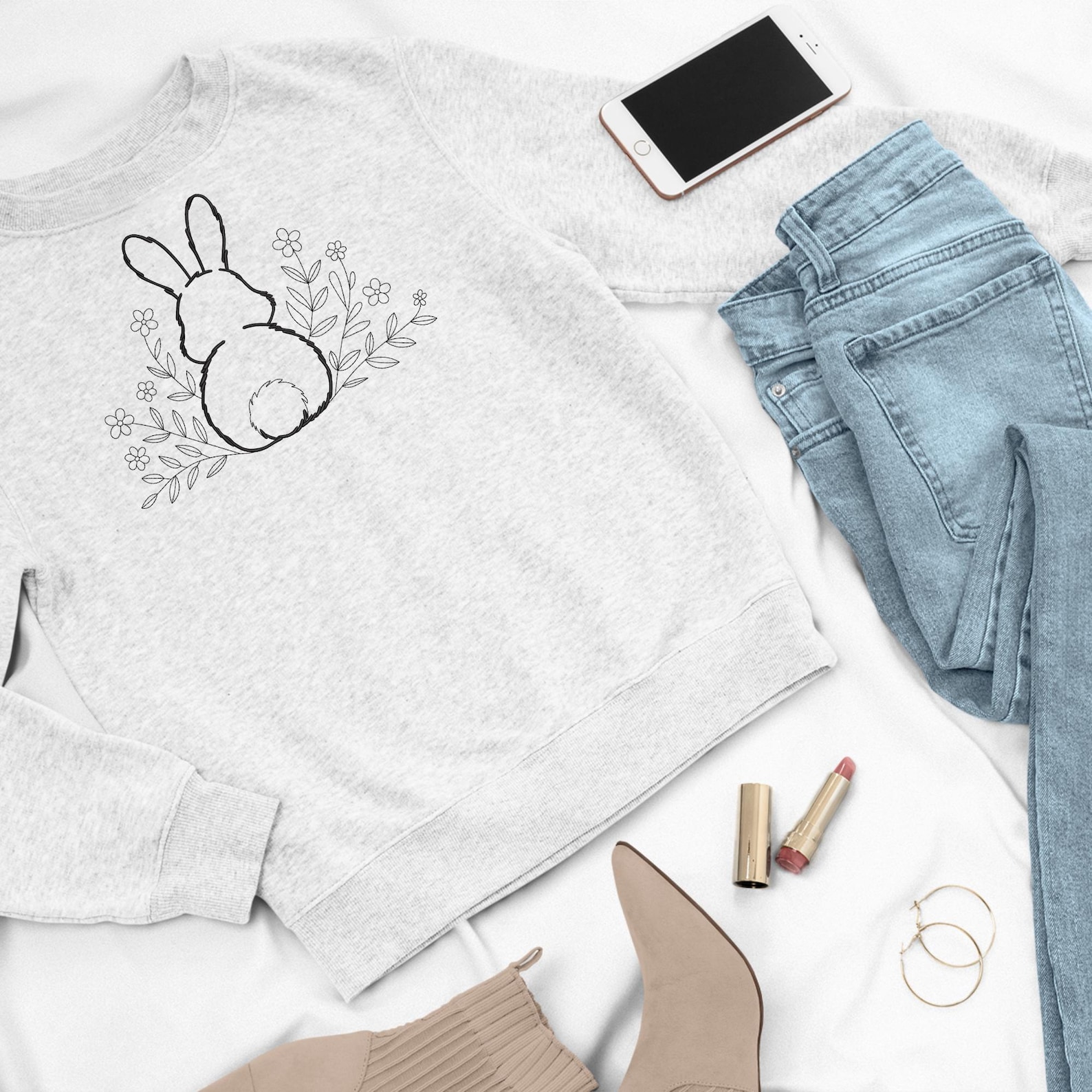 Floral Bunny Outline Embroidery Design, Rabbit Line Art With Flowers ...