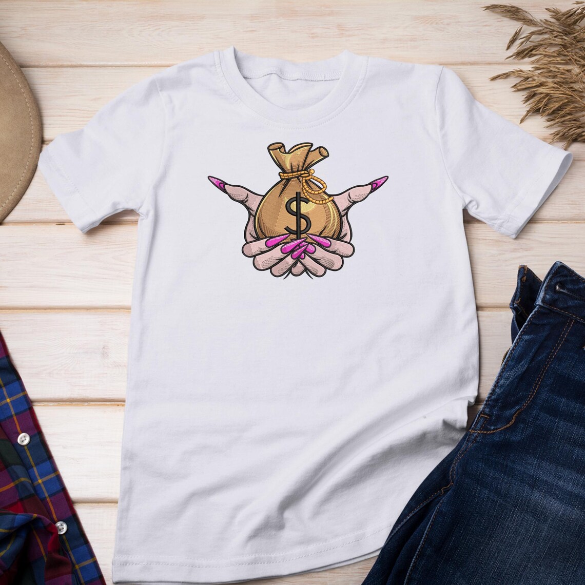 Money Bag With Hands Embroidery Design, Dollars Machine Embroidery ...