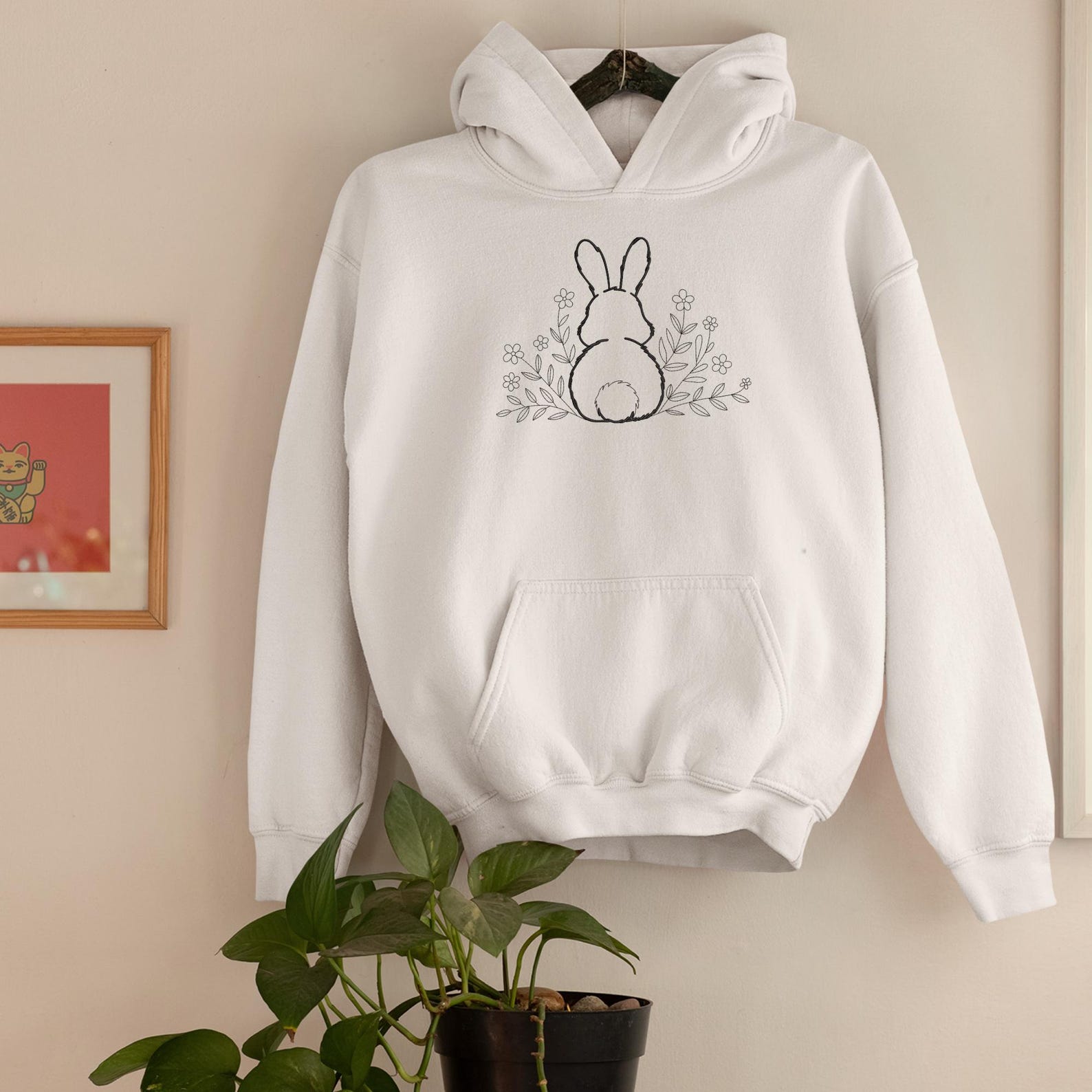 Floral Bunny Outline Embroidery Design, Rabbit Line Art With Flowers ...