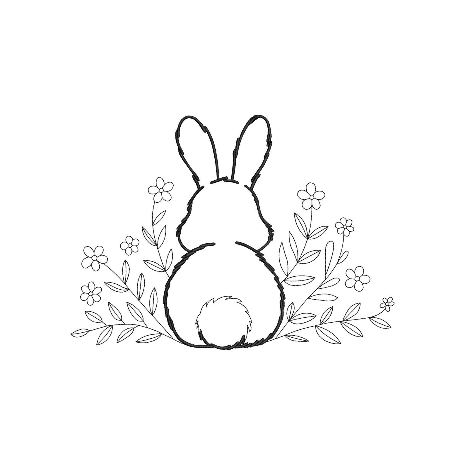 Floral Bunny Outline Embroidery Design, Rabbit Line Art With Flowers ...