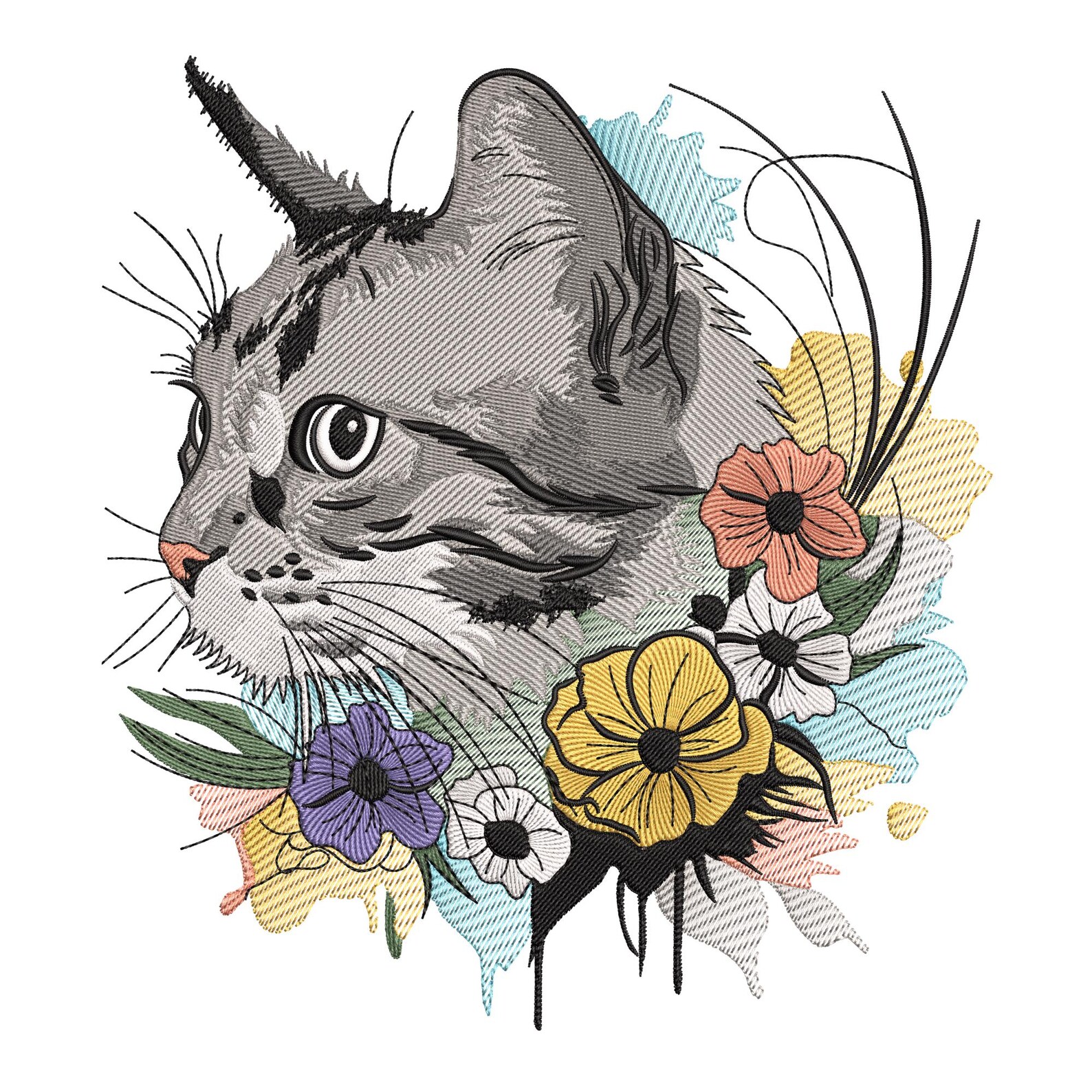 Floral Cat Portrait Embroidery Design, Kitty Flowers Pattern Machine ...
