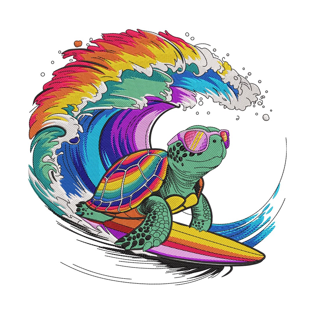 Surfing Turtle Embroidery Design: Rainbow Wave, Ocean Animal Machine ...