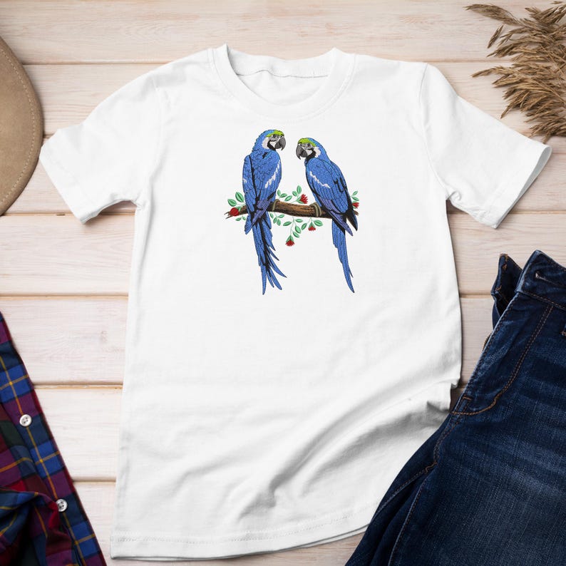 Blue Macaw Parrots Embroidery Design, Pair on Branch Machine Embroidery ...