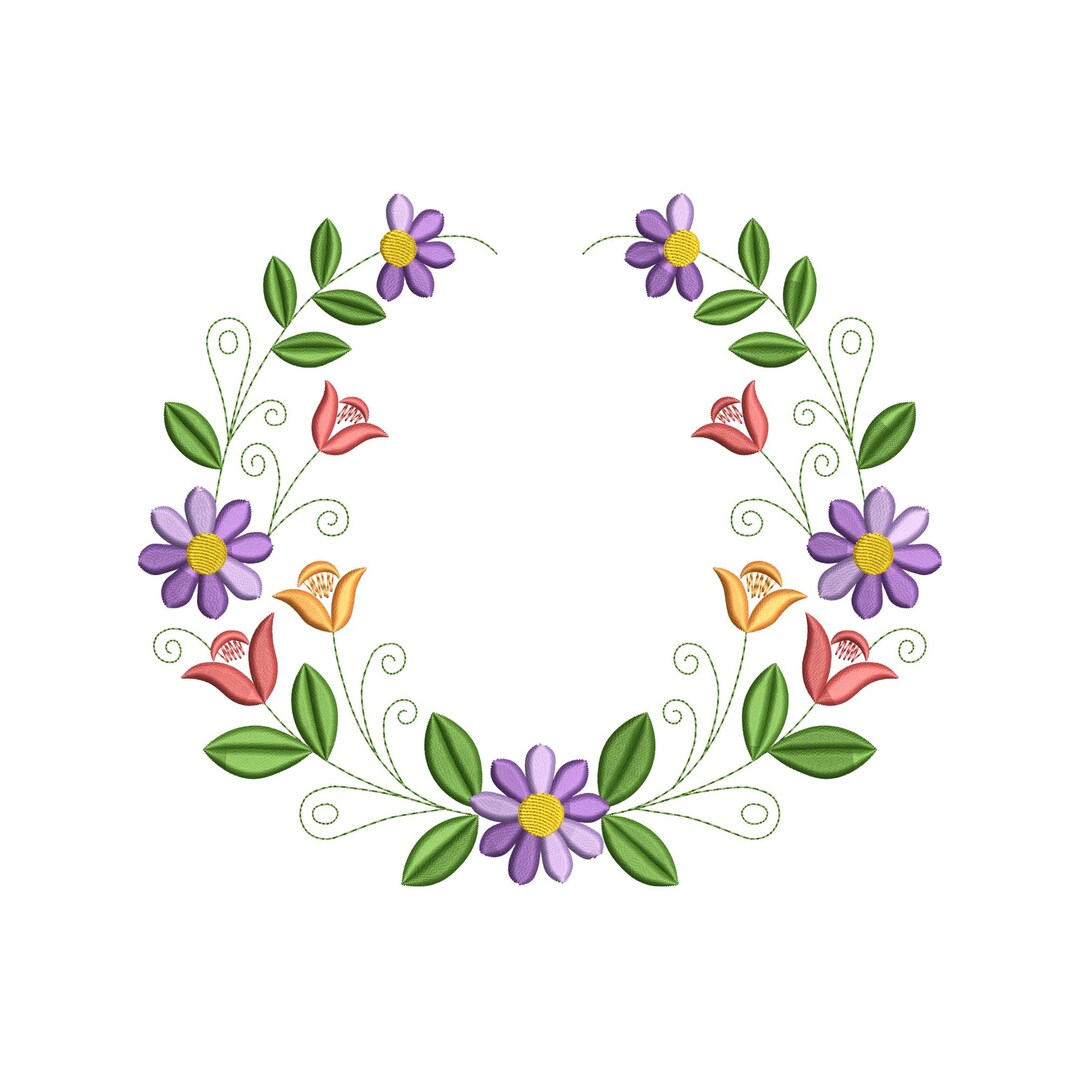 Floral Wreath Embroidery Design, Colorful Flower Circle Frame Machine ...