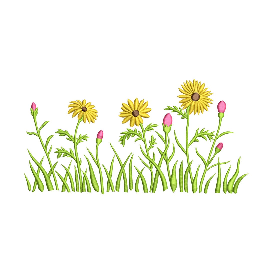 Daisy Flower Border Embroidery Design: Botanical Grass Floral Machine ...