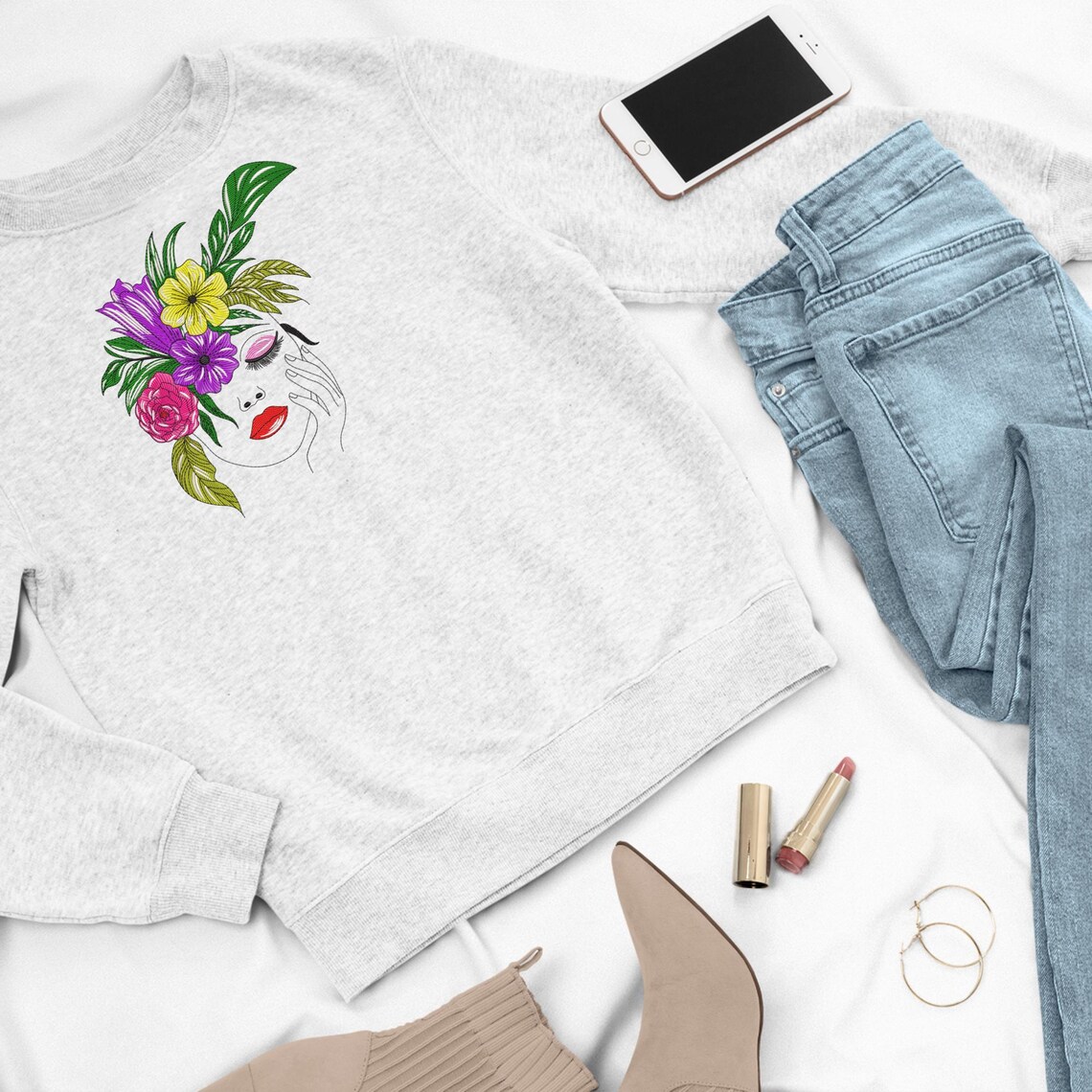 Woman Face With Flowers Embroidery Design, Fashion Girl Floral Machine ...