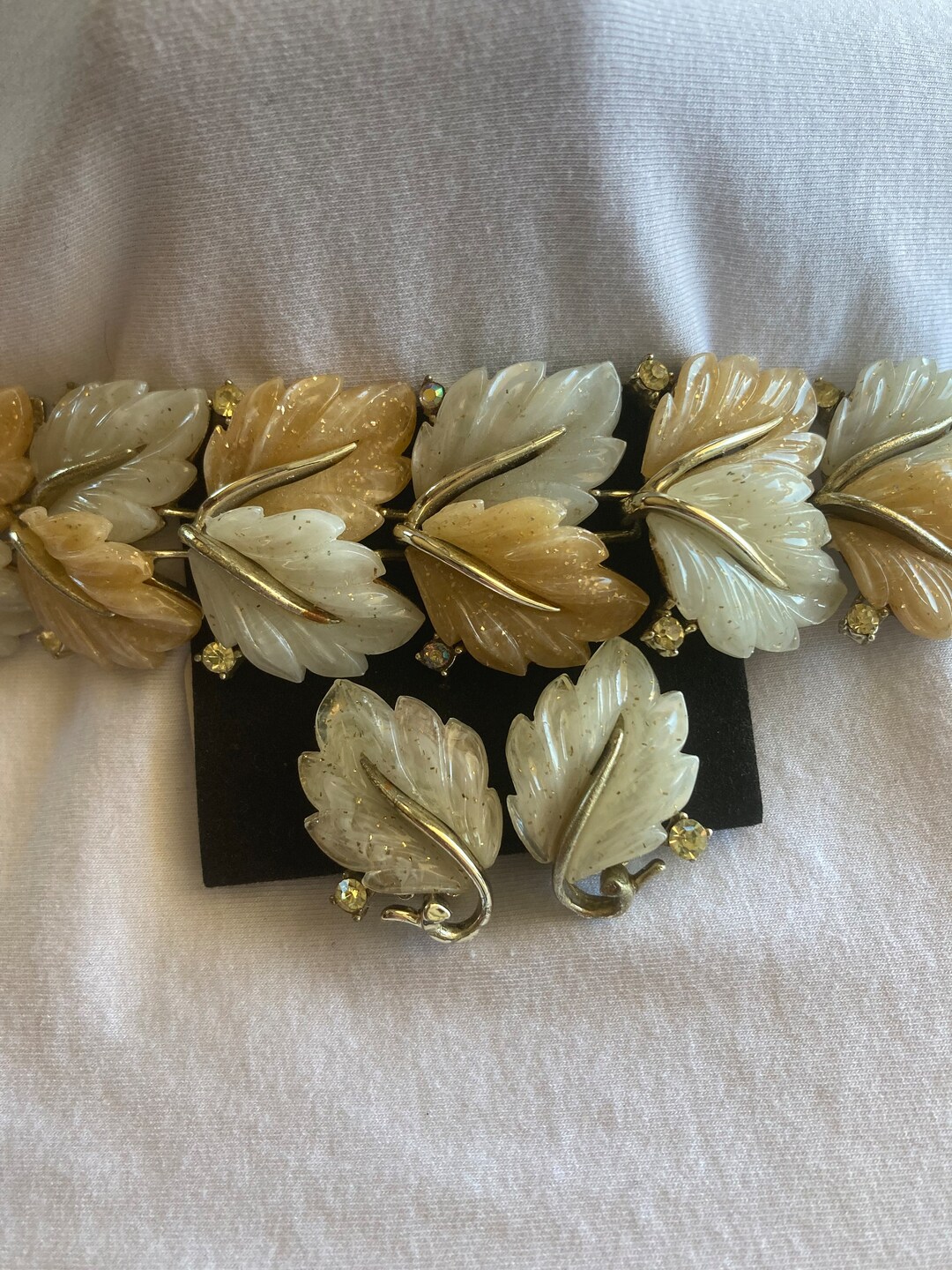 Vintage Coro Glitter Thermoset Two-tone Leaves Bracelet and Clip-on ...