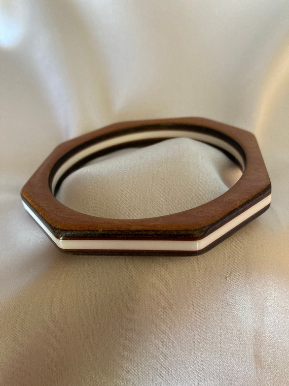 Teak wood and white acrylic layered bangle ~ octagon … - Gem
