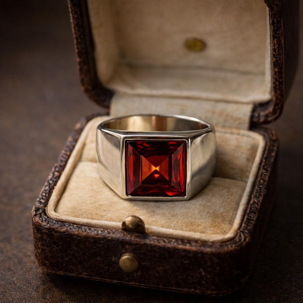Red Garnet Signet Ring for Men, Square Garnet Ring, Sterling Silver ...