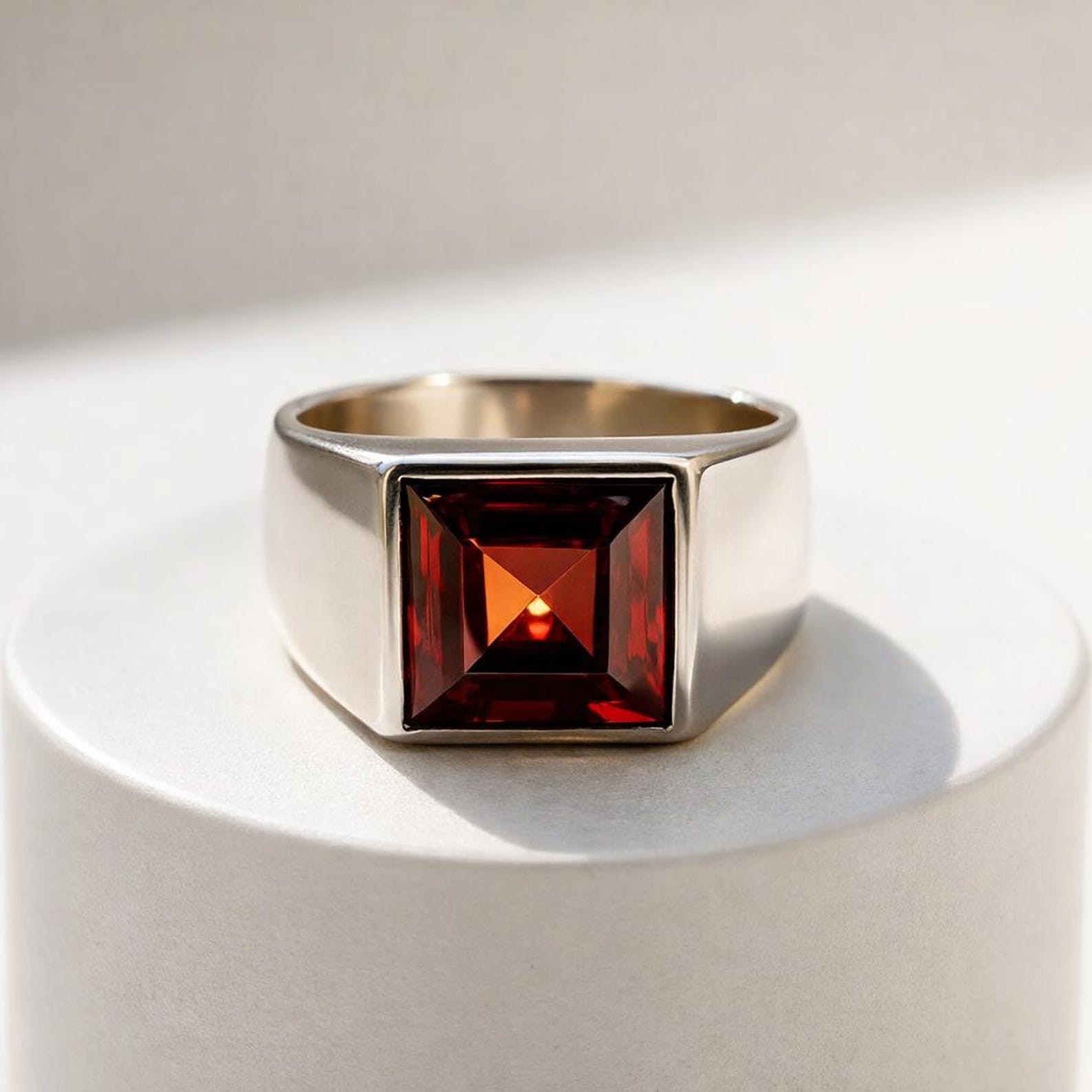Red Garnet Signet Ring for Men, Square Garnet Ring, Sterling Silver ...