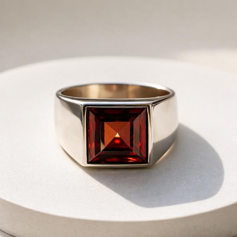 Red Garnet Signet Ring for Men, Square Garnet Ring, Sterling Silver ...