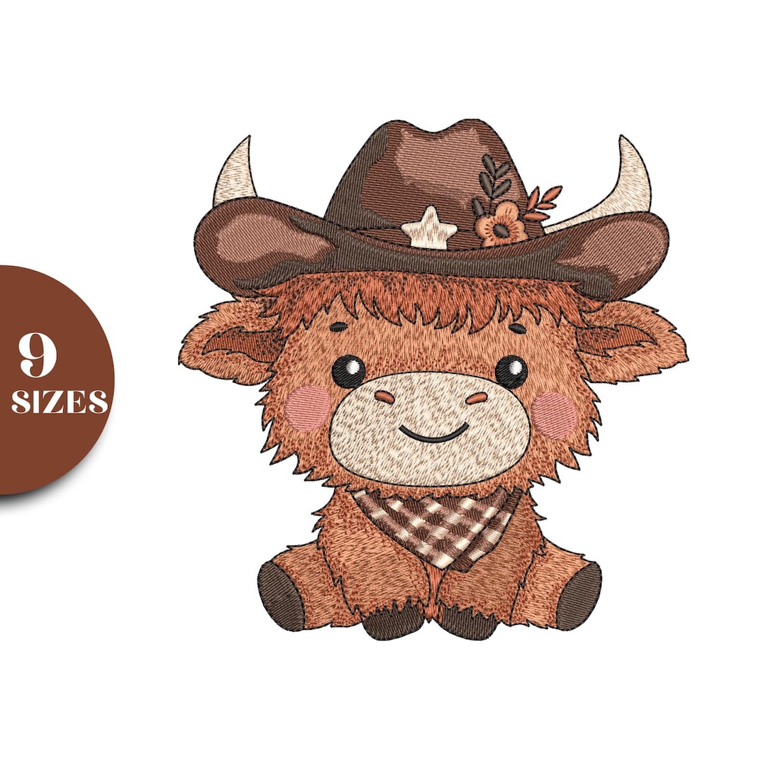 Baby Highland Cow Embroidery Design: Cowboy Hat, Farm Animal (9 Sizes ...