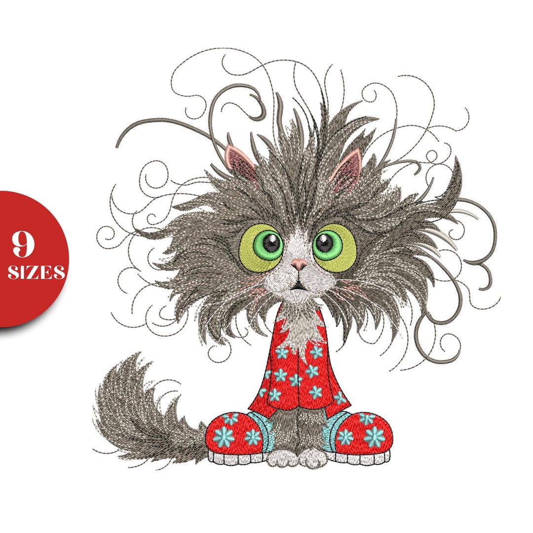 Frazzled Cat Embroidery Design, Funny Cat Pet Embroidery File, 9 Sizes ...
