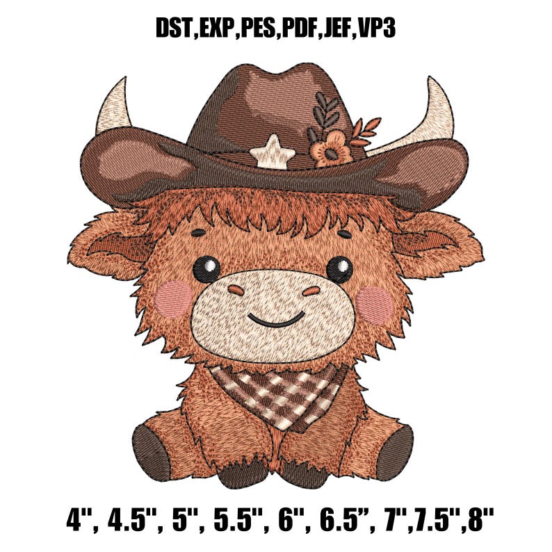 Baby Highland Cow Embroidery Design: Cowboy Hat, Farm Animal (9 Sizes ...