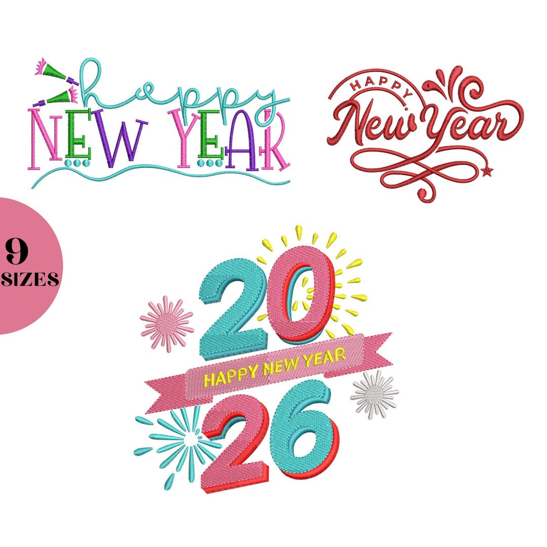 Happy New Year Embroidery Designs – 9 Sizes – Digital Download - Etsy