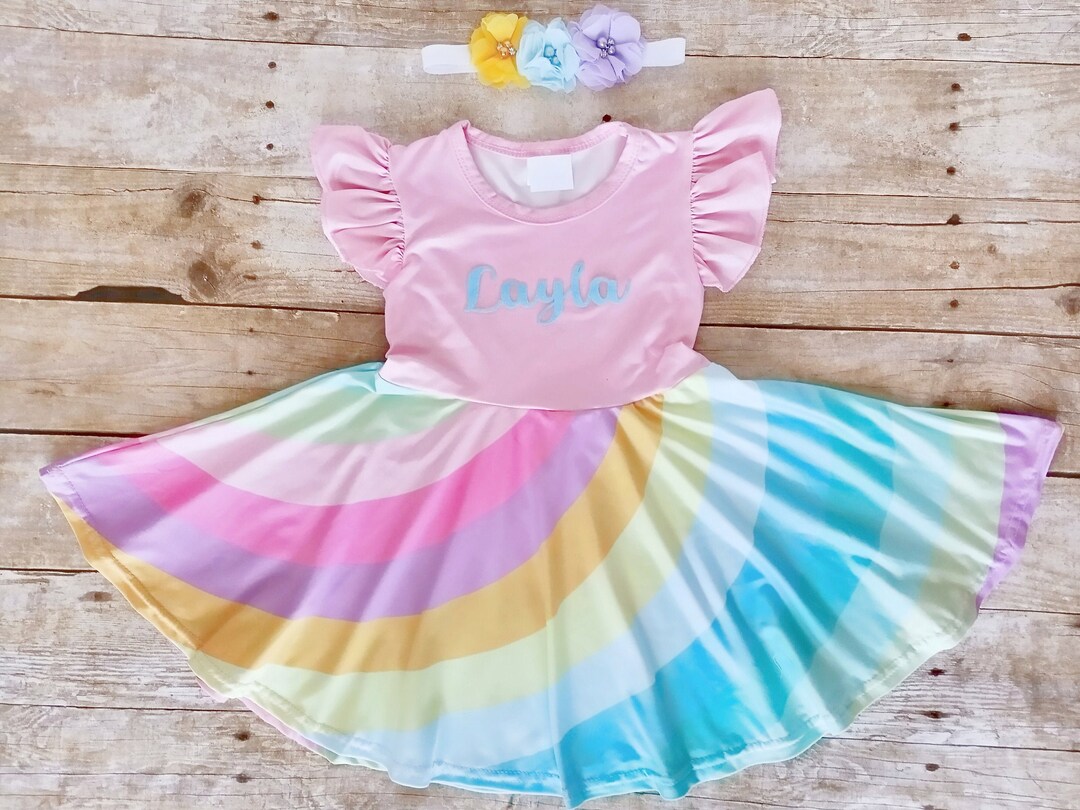 Girl Rainbow Dress, Rainbow Twirl Dress. Personalized Rainbow Dress ...
