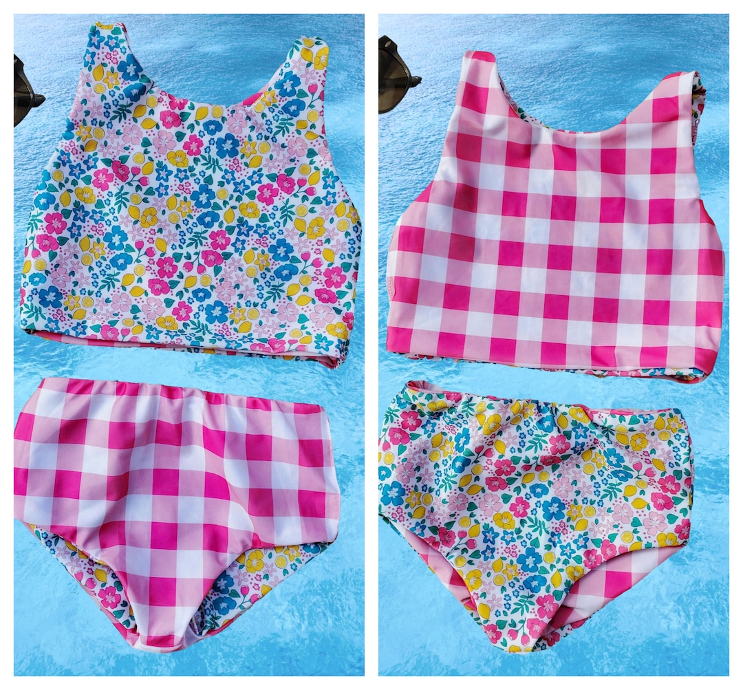 Reversible Floral Plaid Girl Swimsuit Suit. Girl Swimming Suit. Girl 2 ...