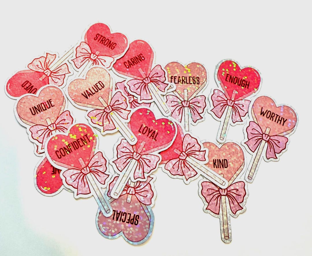 Affirmation Heart Holographic Lollipop Stickers| Galentines Favors ...