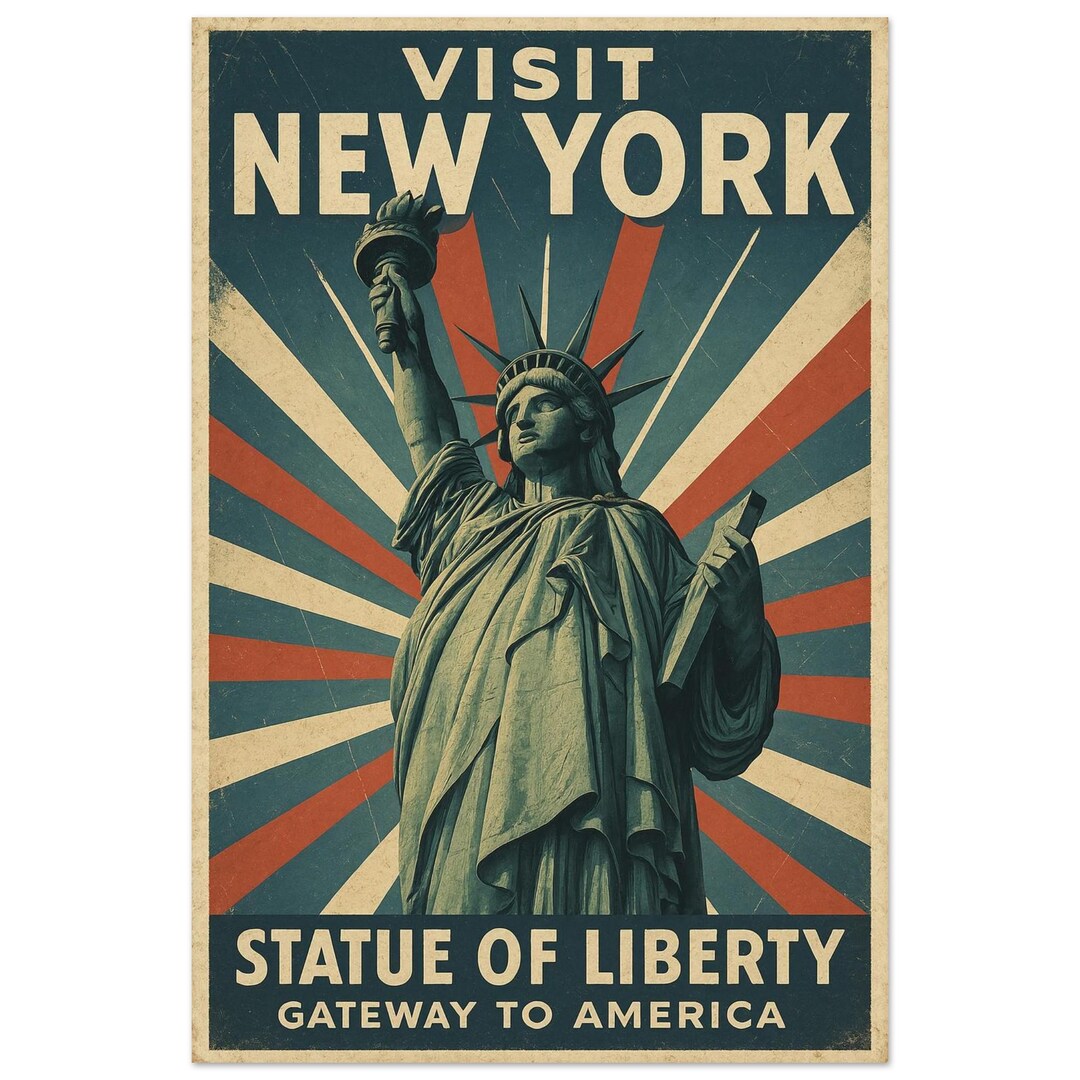 Vintage New York Poster With Statue of Liberty – Retro Art Deco Travel ...