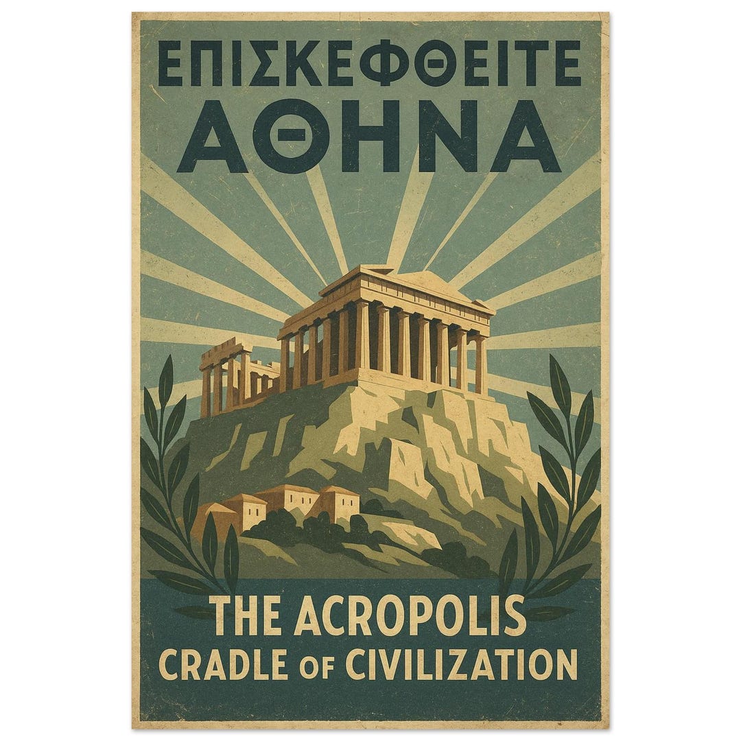 Vintage Athens Poster With Acropolis – Retro Art Deco Travel Poster ...