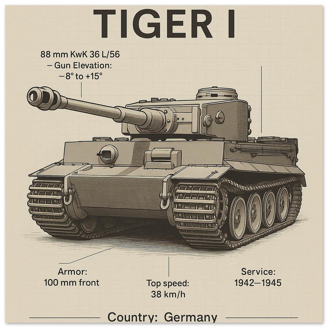 Tiger I Technical Info Poster – WWII German Tank Blueprint Style Wall ...