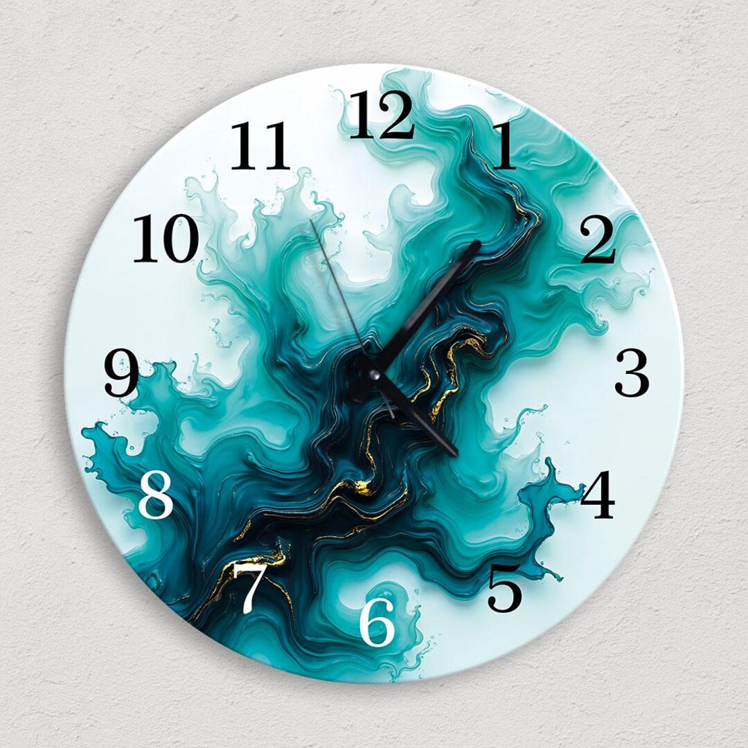Abstract Large Blue Gold Tempered Glass Wall Clock: Silent Quartz Art ...