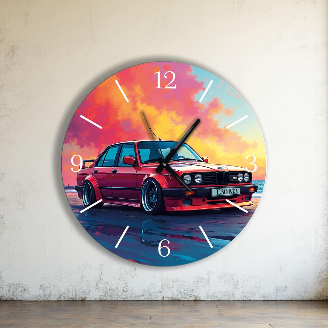 Retro E30 Red Car Tempered Glass Large Wall Clock, Modern Automotive ...