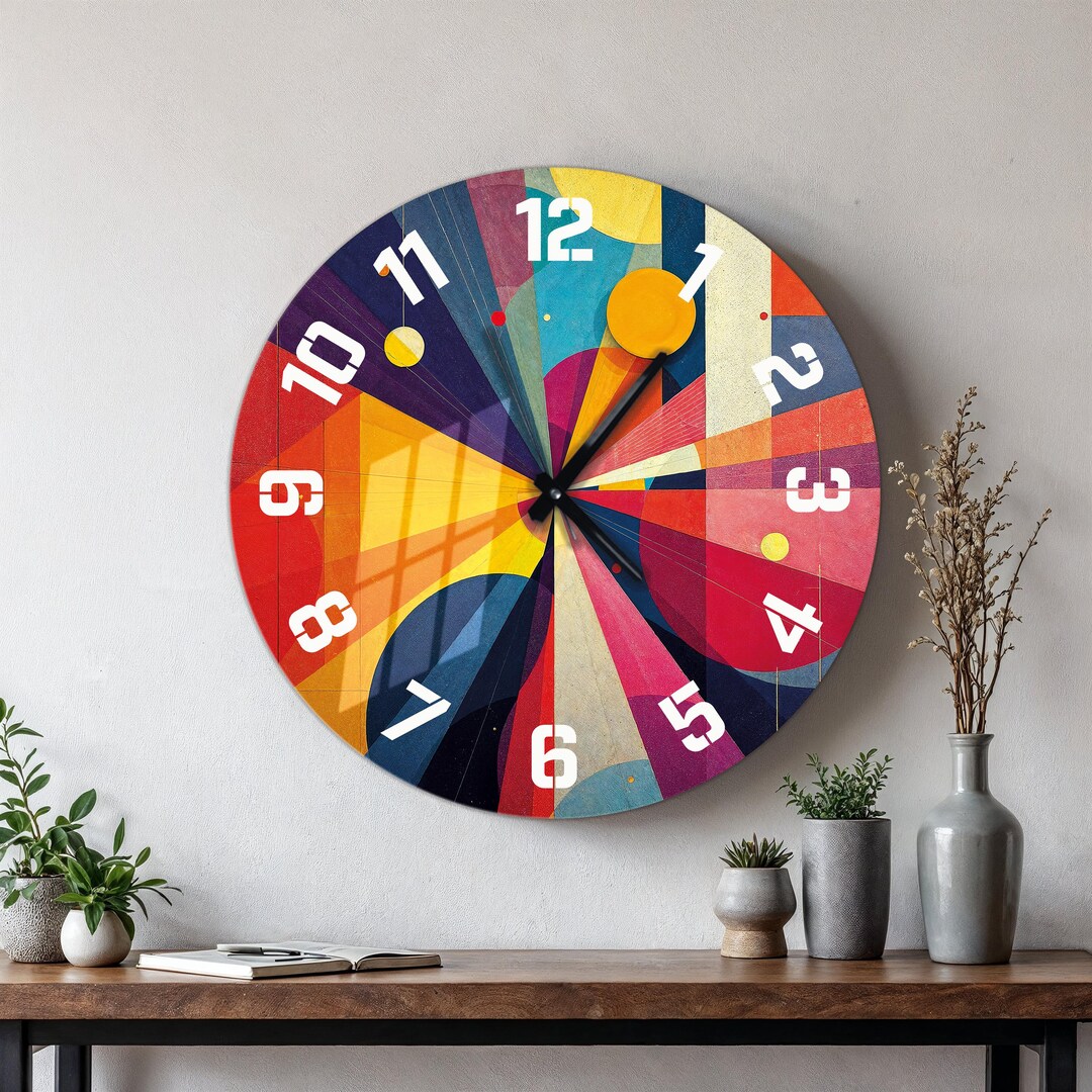 Rainbow Glass Wall Clock, Geometric Modern Abstract Oversized Wall Art ...