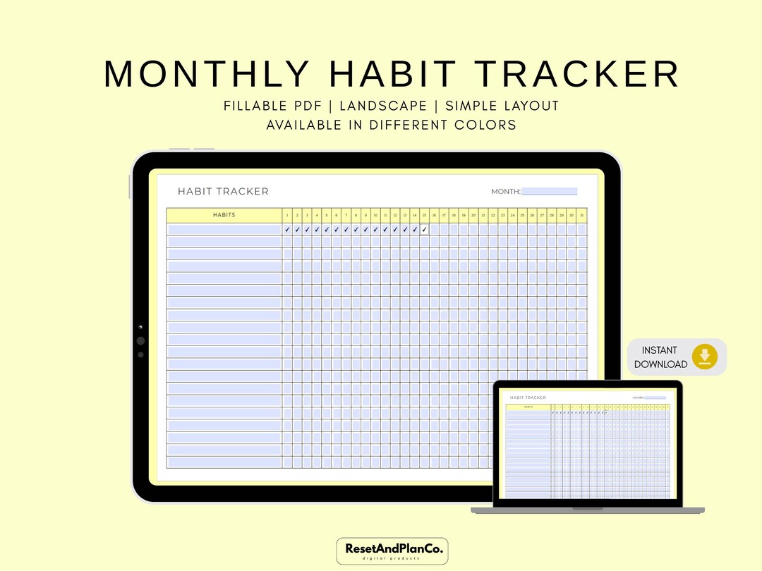 Yellow Pastel Habit Tracker: Fillable PDF Monthly Planner (A4 Digital ...