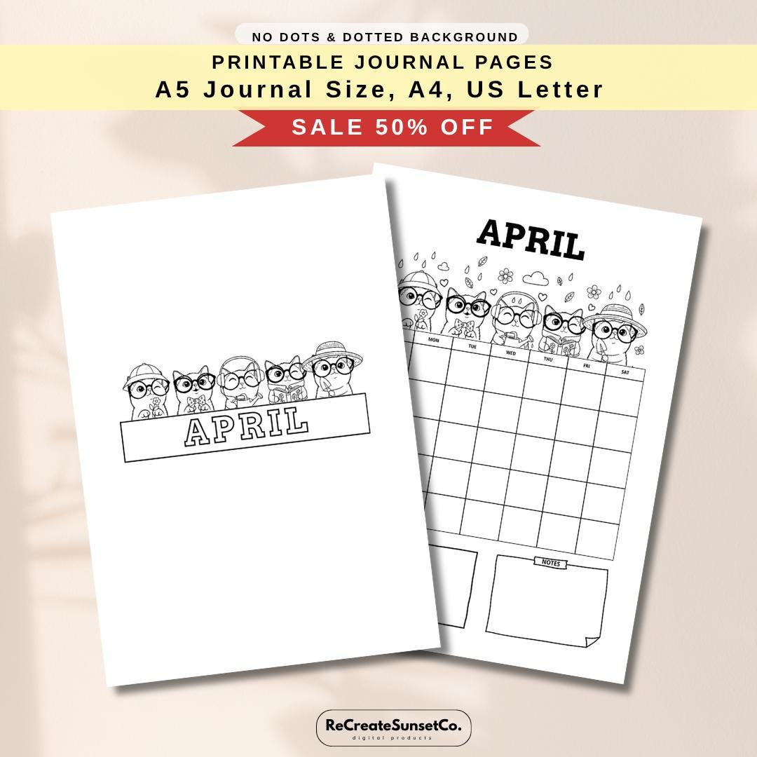 April Title Page and Calendar, Printable Calendar, Cat Theme, Journal ...
