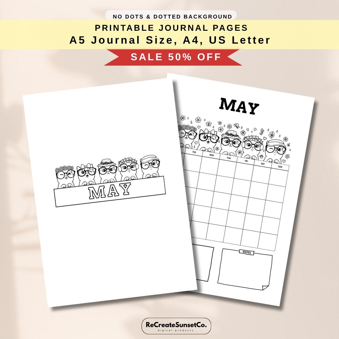 May Title Page and Calendar, PRINTABLE Calendar, Cat Theme, Journal ...
