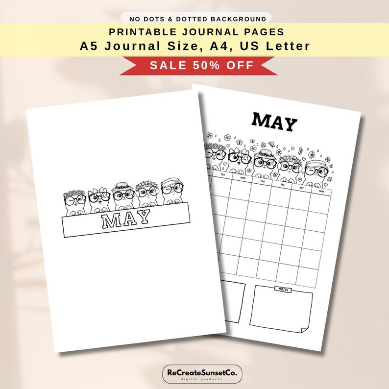 May Title Page and Calendar, PRINTABLE Calendar, Cat Theme, Journal ...