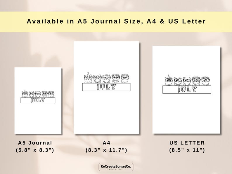 July Title Page and Calendar, Printable Calendar, Cat Theme, Digital ...