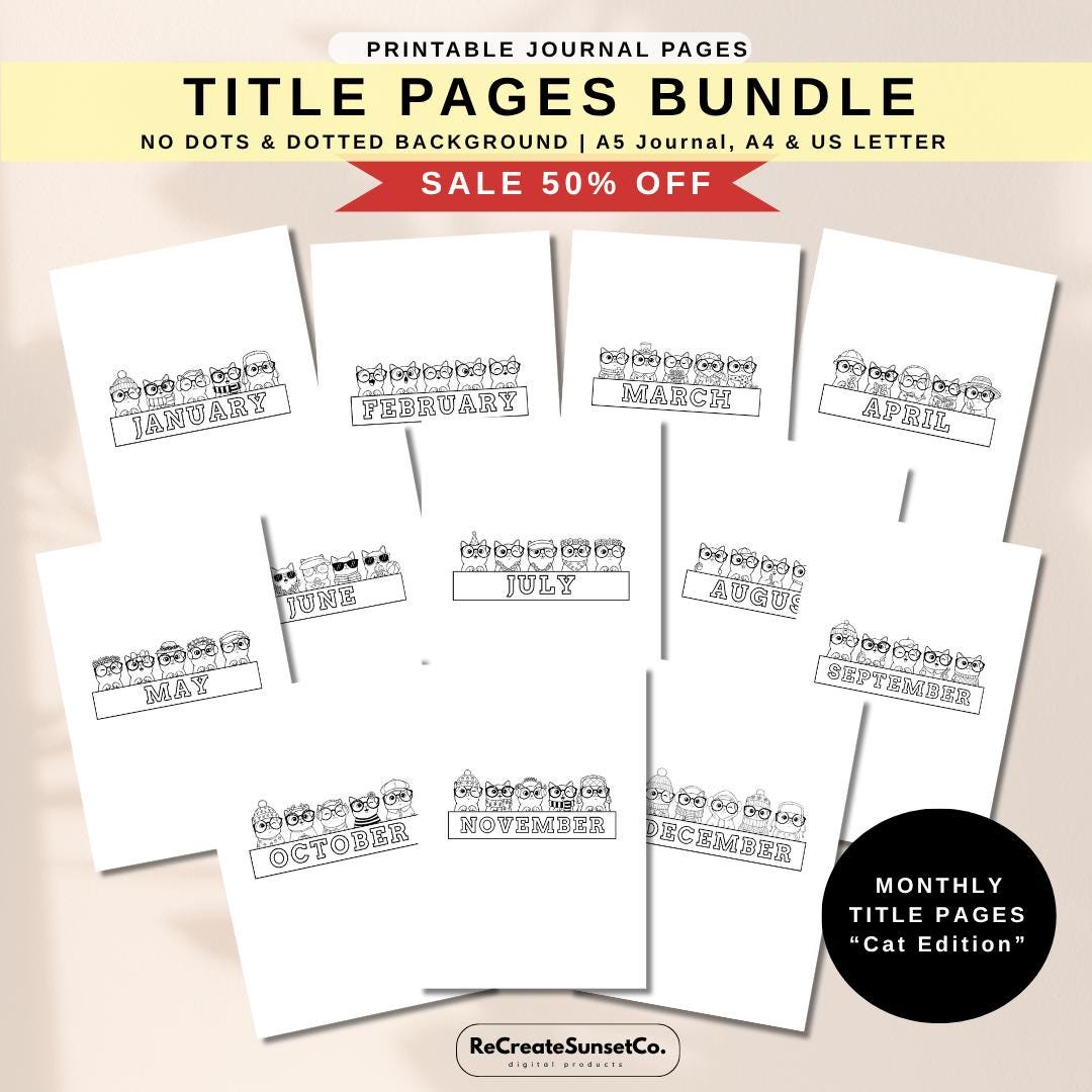 12 Month Title Page Bundle, PRINTABLE Journal Pages, Digital Planner ...
