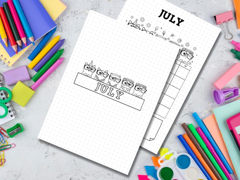 July Title Page and Calendar, Printable Calendar, Cat Theme, Digital ...