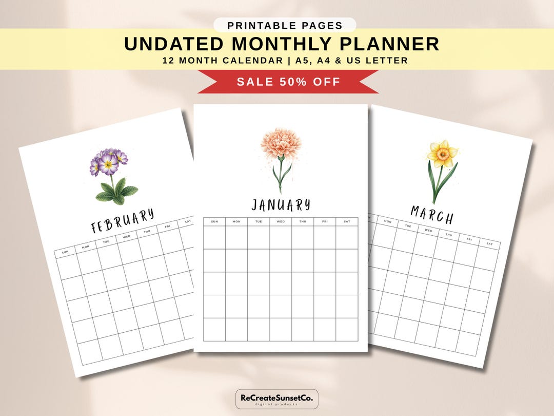 Floral Undated Monthly Planner Printable – Minimalist Calendar (digital ...