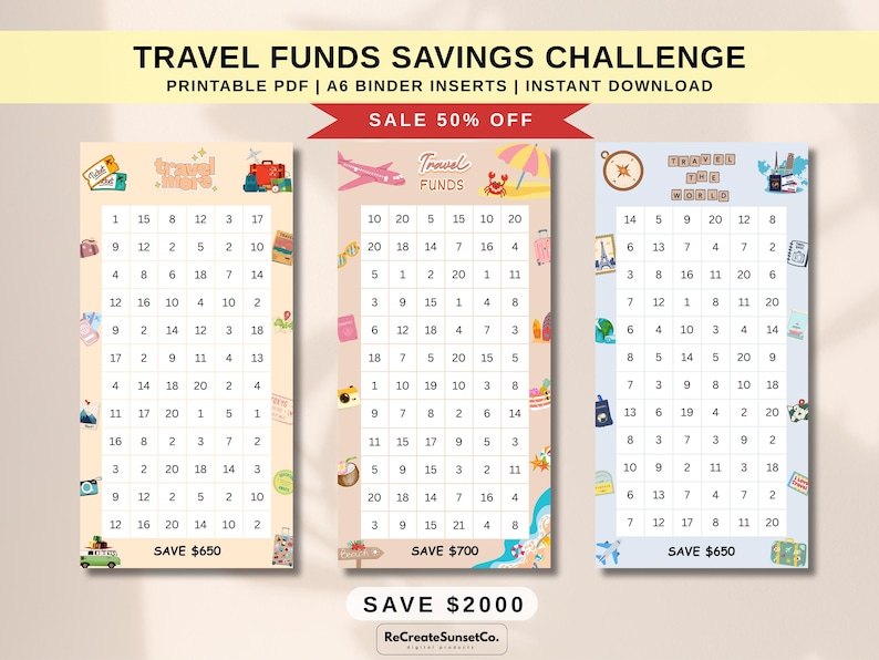 Travel Fund A6 Savings Challenge 2026 Save 2000 Cash Stuffing Savings ...