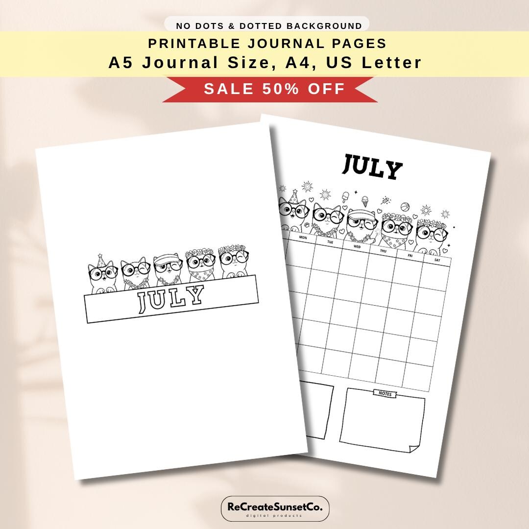 July Title Page and Calendar, Printable Calendar, Cat Theme, Digital ...