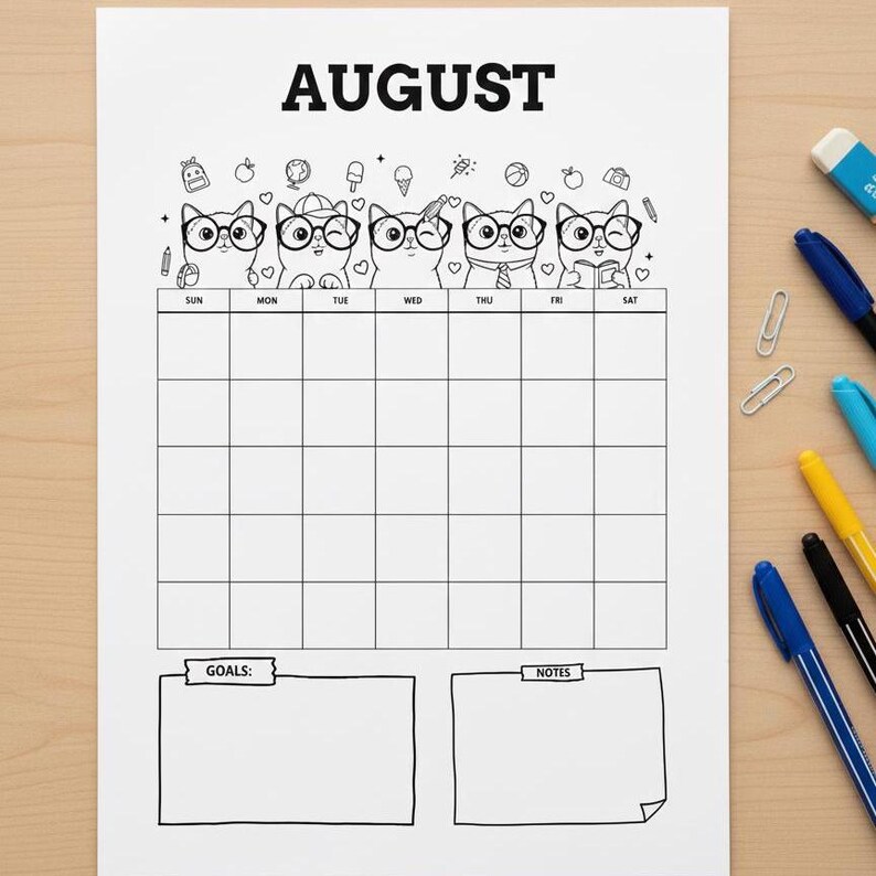 August Title Page and Calendar Printable Cat Theme Journal Title Page ...